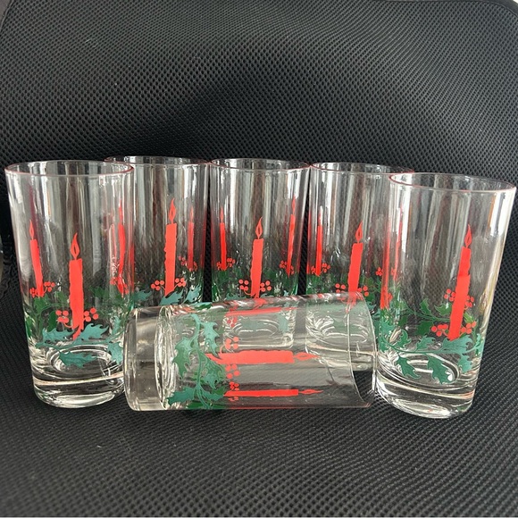 Holiday | Vintage Set Of 6 Christmas Red Candle And Holly Drinking ...